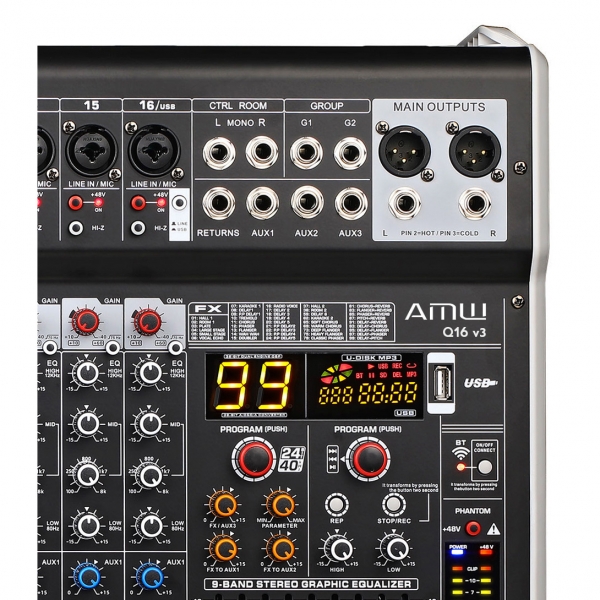 AMW Q16 v3 Mesa de Som 16 Canais Combo 99 Efx Dsp 2 Aux Hi-Z Interface ...